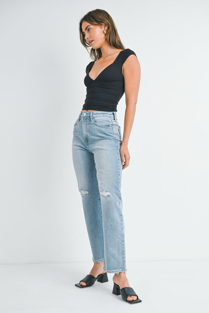 Just Black Denim High Rise Distressed Dad Jeans | One:Nine Boutique